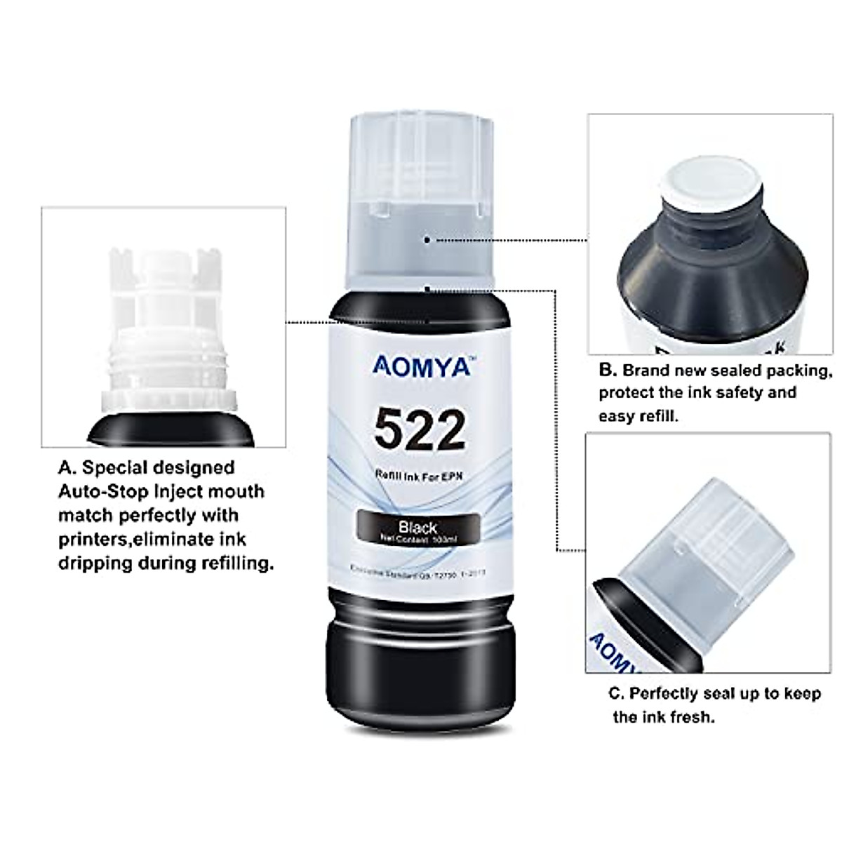 Aomya Compatible T522 Refill Ink Bottle Kit Premium Ink for EcoTank ET-2720, ET-4700 Printers Black, Cyan, Magenta, Yellow 4-Pack 100ML