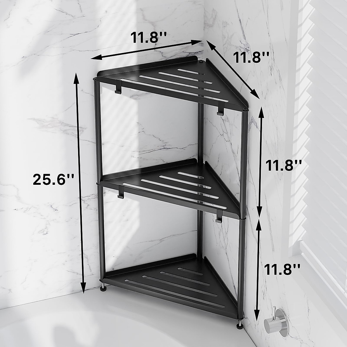 Kawaiita Corner Shower Caddy Stand, 3 Tier Floor Shower Organizer Stands for Inside Shower, Bathtub, Bathroom Corner Shower Shelf Rack with Adjustable Feet & 4 Hooks, Metal, Matte Black