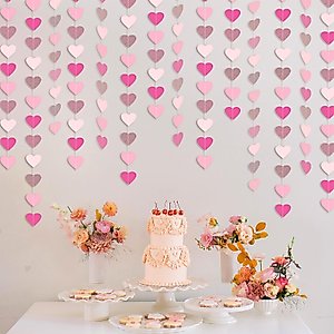 JunyRuny Pink Rose-Gold Party Decorations Love-Heart Garland - 48ft, Wedding Bridal Shower Hanging Decoration Streamers Banner, Baby Girl Birthday, Bachelorette Engagement, Valentine Day Decor