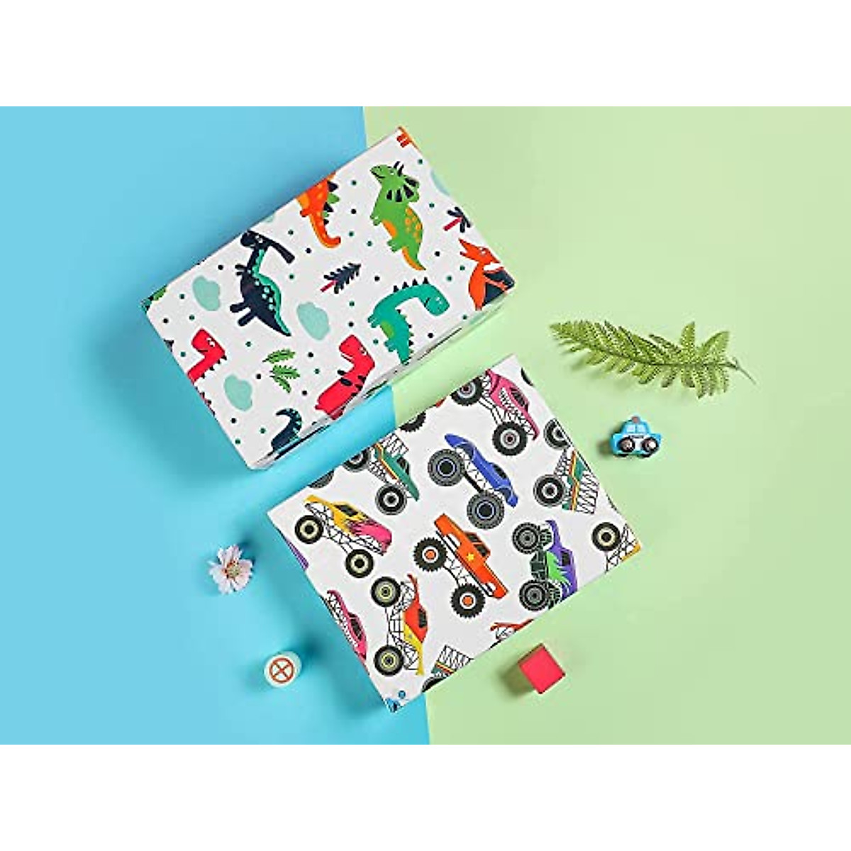 BULKYTREE Birthday Wrapping Paper for Boys Kids, 12 Sheets Dinosaur, Monster Truck, Happy Animals Design Gift Wrap for Kids Birthday, Baby Shower and Holiday - 20 x 29 Inch Per Sheet