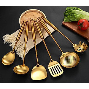 Gold Kitchen Utensils Set, Standcn 9 PCS 304 Stainless Steel All Metal Cooking Tools with Meat Fork, Solid Spoon, Slotted Spoon, Spatula, Ladle, Skimmer, Slotted Spatula, Spaghetti Server, Large Spoon