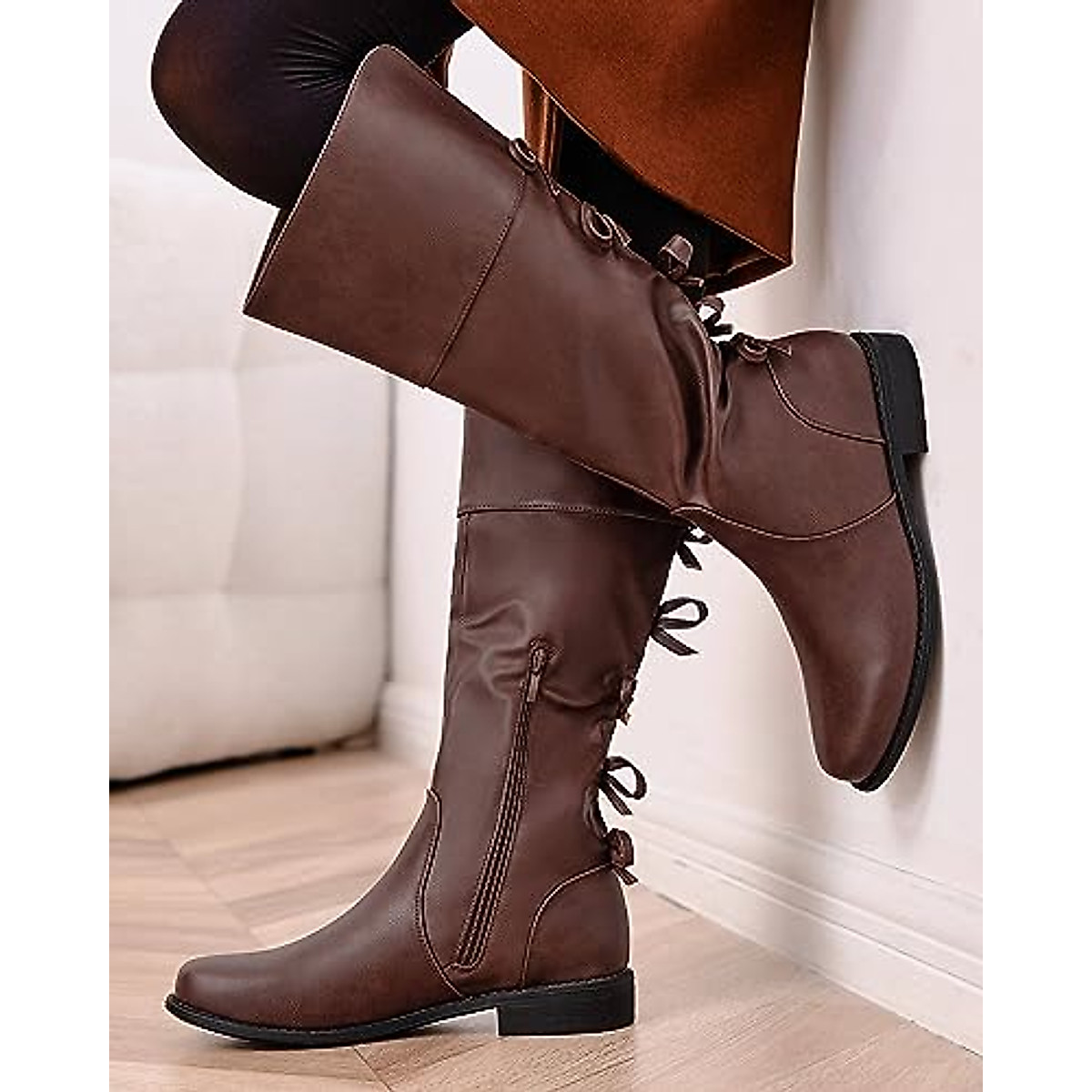 Coutgo Girls Knee High Boot Bowknot Low Chunky Heel Zipper Fashion Winter Riding Boots