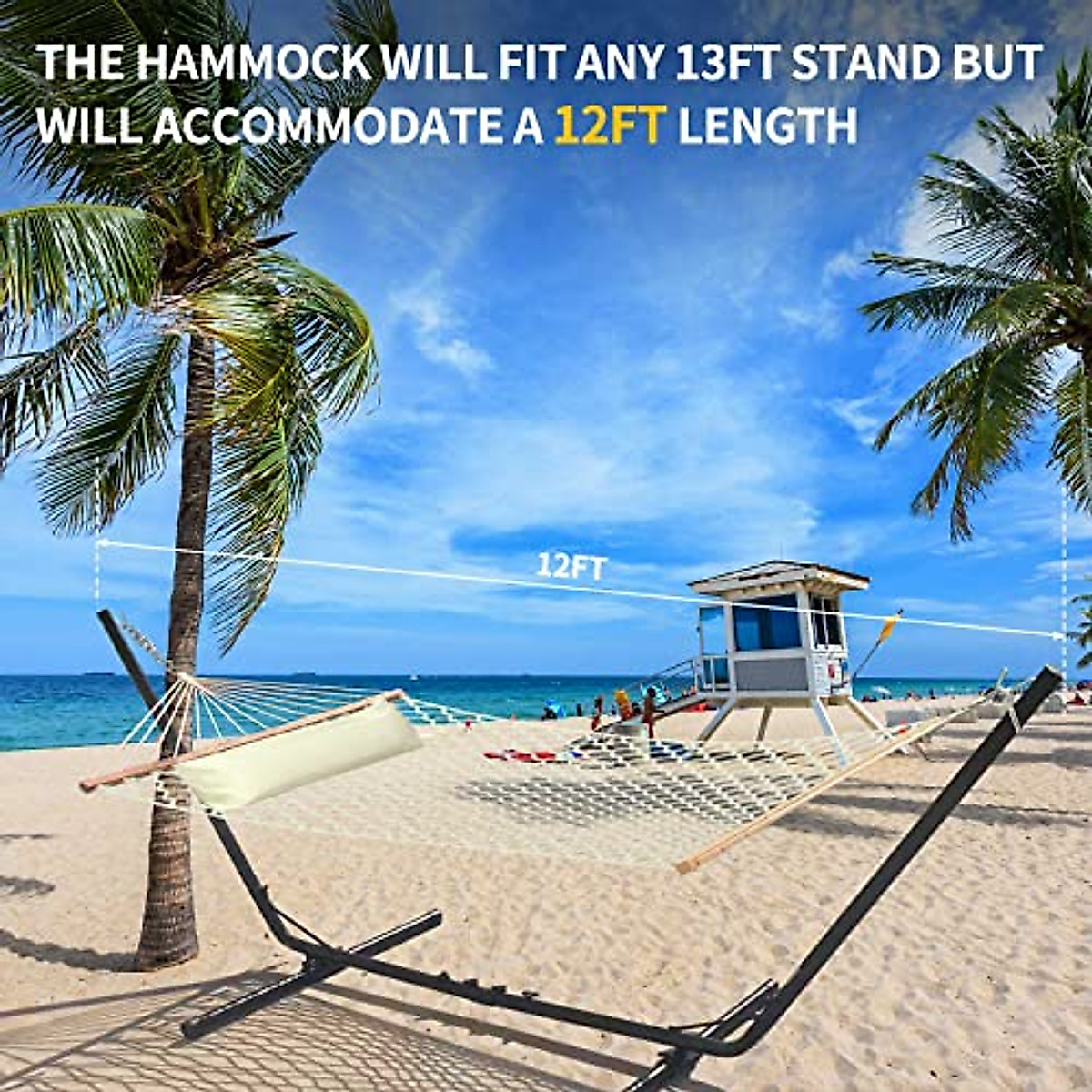 TONAHUTU 13FT Hammocks, Traditional Hand Woven Cotton Rope Hammock with Free Extension Chains for Outdoor Indoor Patio Yard 450 LSB Capacity for Two Person (Natural)