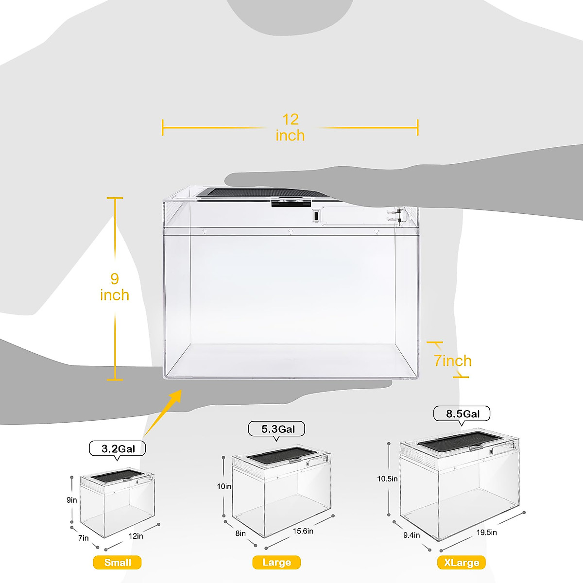 Reptile PC Terrarium, Anti Breakage 15.6x8x10 inch Amphibians Tank Starter Kits, Top Sliding Door Screen Ventilation Mini Habitat Cages, Hygrometer Thermometer, Hide Cave, Tweezer, Sprayer