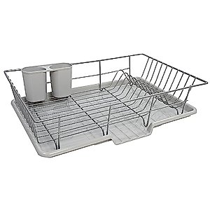 Sweet Home Collection Space-Saving 3-Piece Dish Drainer Rack Set: Efficient Kitchen Organizer for Quick Drying and Storage - Includes Cutlery Holder and Drainboard - Maximize Countertop Space, Silver