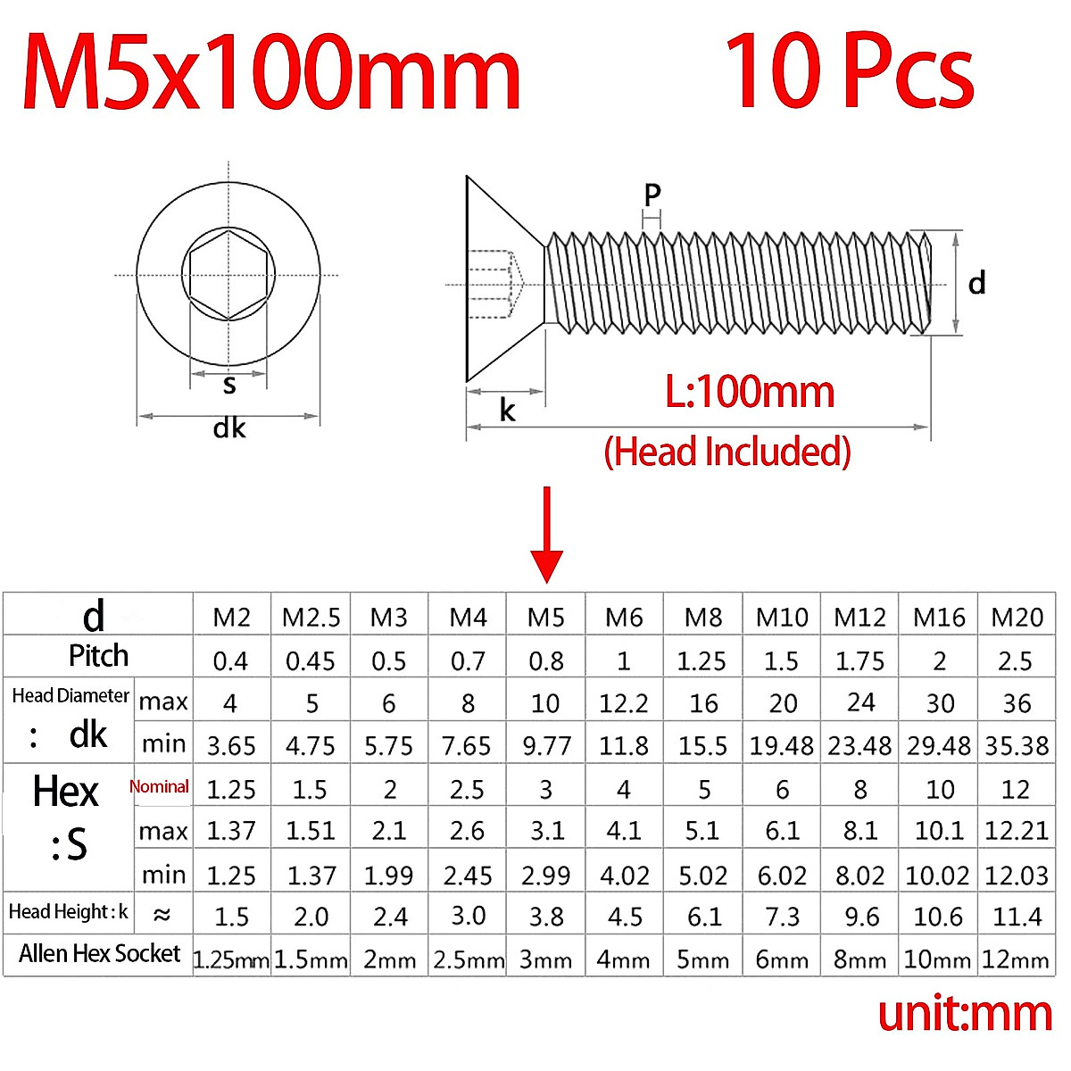 M5-0.8 x 100mm Flat Head Socket Cap Screws Bolts, Stainless Steel 18-8 (304), Bright Finish, Allen Socket Drive,Machine Screws Inner Hex Screw Fasteners Bolts 10 Pcs