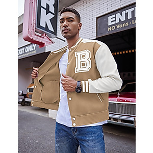 COOFANDY Baseball Jacket for Mens Letterman Varsity Jackets Button Up Khaki Sweatshirt with Letter B