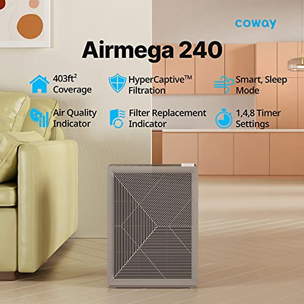Coway Airmega 240 True HEPA Air Purifier with Air Quality Monitoring, Auto, and Filter Indicator, Warm Gray