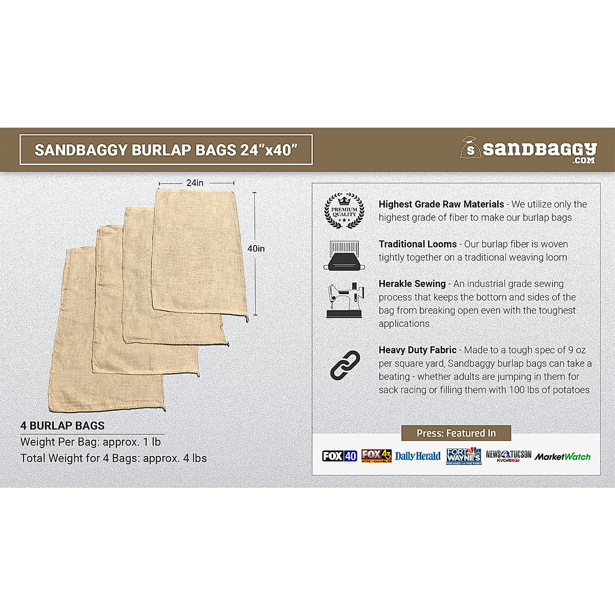 Sandbaggy - Large Burlap Bags 24" x 40" - Burlap Sack Race Bags for Kids & Adults - Premium Quality Burlap Bags for Vegetables- Bad Weather/Frost Protection - Pack of 4 - Great as Potato Sacks