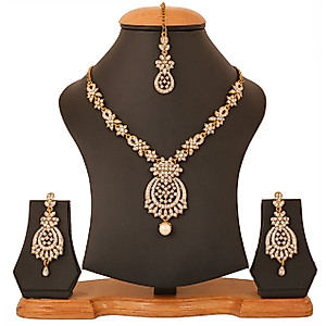 Touchstone Indian Hollywood white rhinestone bridal Designer jewelry necklace set in antique gold tone for women