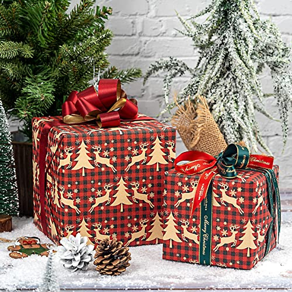 RUSPEPA Christmas Wrapping Paper,Kraft Paper - Red and Black Plaid Reindeer Design - 24 Inches x 100 Feet
