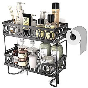 CAEKAIGTA Over The Toilet Storage Shelf, Bathroom Over Toilet Storage Shelf, 2 Tier Above Toilet Storage with Toilet Paper Holder, No Drilling with Wall Mounting Design, Space Saver (Black)