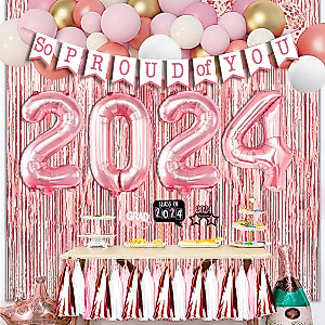 Pawliss 2024 Graduation Decorations Set 95pcs - Includes Pink White Balloons, Graduation Party Photo Props, So Proud of You Banner, Foil Curtain, Tissue Tassels for College High School Party Supplies