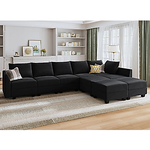 HONBAY Modular Sectional Sofa Set Oversized U Shaped Couch with Storage Ottoman Convertible Sleeper Sectional Sofa Velvet Modular Couch with Wide Chaise, Black