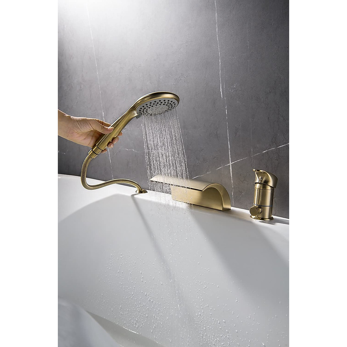Brushed Gold tub faucet with sprayer Holes with Waterfall Tub Spout Filler with Handheld Shower High Flow