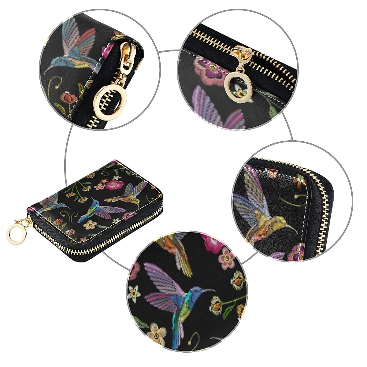 MOYYO RFID Credit Card Holder Case Beautiful Hummingbirds Exotic Flowers Leather Printed Zipper Card Case Wallet for Women Girls