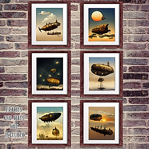 Steampunk Airships Art Prints - Set of Six Gallery Wall Photos (8x10) Unframed Print Poster - Science Fiction Home Decor and Gift For Aviation, Sailing, and Navigation Buffs