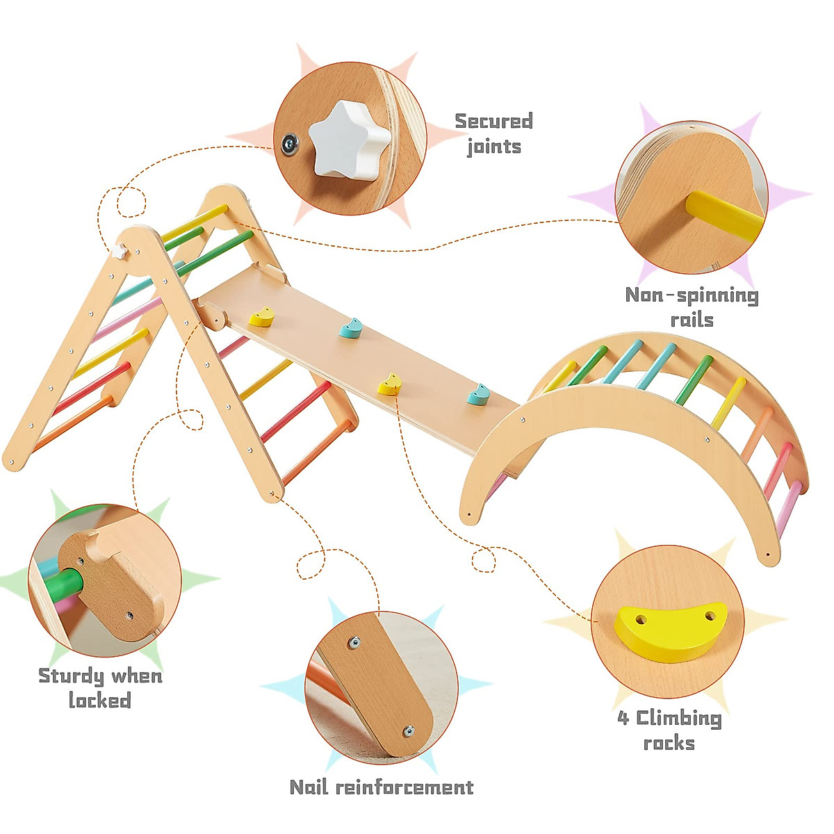 Beright 4 in 1 Pikler Triangle Gym, Montessori Foldable Climber with Ramp, Indoor Climbing Toys for Kids, Climbing Triangle for Toddlers Arch Climber, Rocker, Learning Waldorf Children Toy, Rainbow