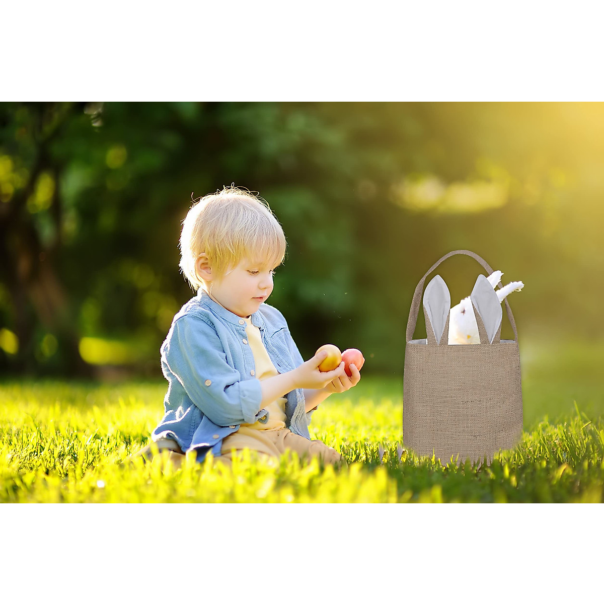 Easter Egg Hunt Basket Bag - Bunny Rabbit Ear Design - Reusable Grocery Shopping Baskets - Kids Party Gift Bags - Baby Shower & Book Storage by Jolly Jon (Burlap/White Ears)