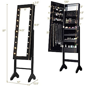 Giantex Standing Jewelry Armoire with 18 LED Lights Around the Door, Large Storage Mirrored Jewelry Cabinet with Full Length Mirror, 16 Lipstick Holders, 1 Inside Makeup Mirror (Black)