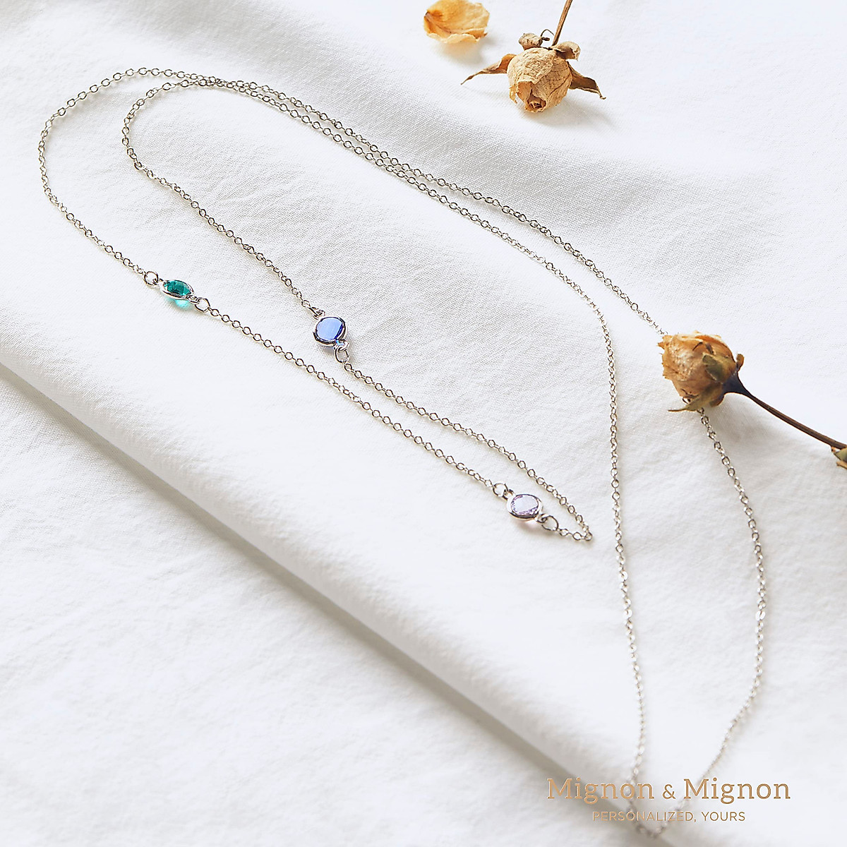 MignonandMignon Custom Family Birthstone Necklace for Women Personalized Gifts for Mom Mother's Day Gifts Long Gold Necklace Diamond Emerald - 2HBSN-36