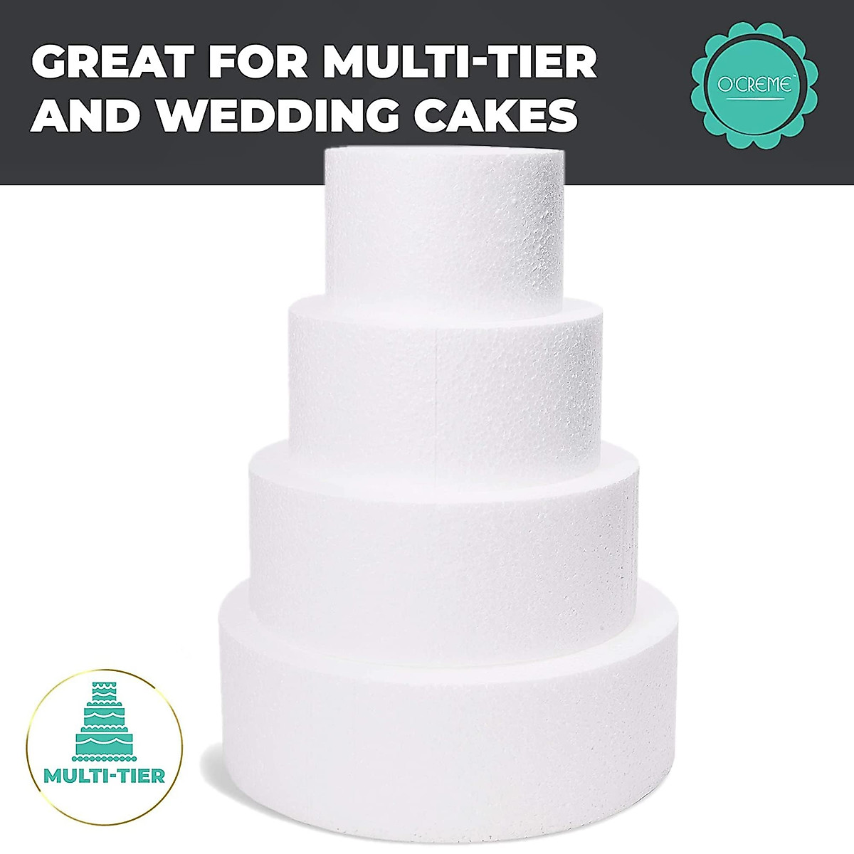 O'Creme Polystyrene Dummy Cake Decorating Display for Baked Goods Bakery Supplies Round Shape (4” Diameter x 4” High)