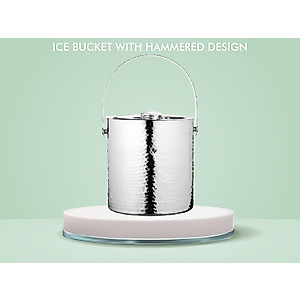 Ice Bucket With Lid, Insulated Hammered Ice Bucket for Cocktail Bar with Ice Tong, Double Walled Stainless Steel, 1.75 L, 1.84 Quarts, Ice Cold For 6 h with Handle (Silver Hammered)