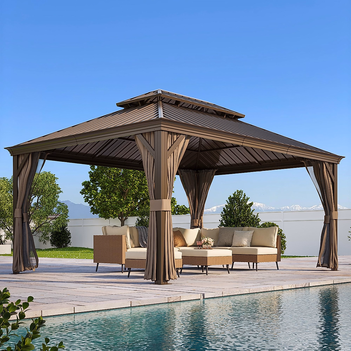 LAUSAINT HOME 12x16 ft Metal Gazebo with Curtains and Nettings for Patios, Waterproof Permanent Heavy Duty Metal Double Roof Pavilion with Brown Aluminum Frame for Lawn, Party