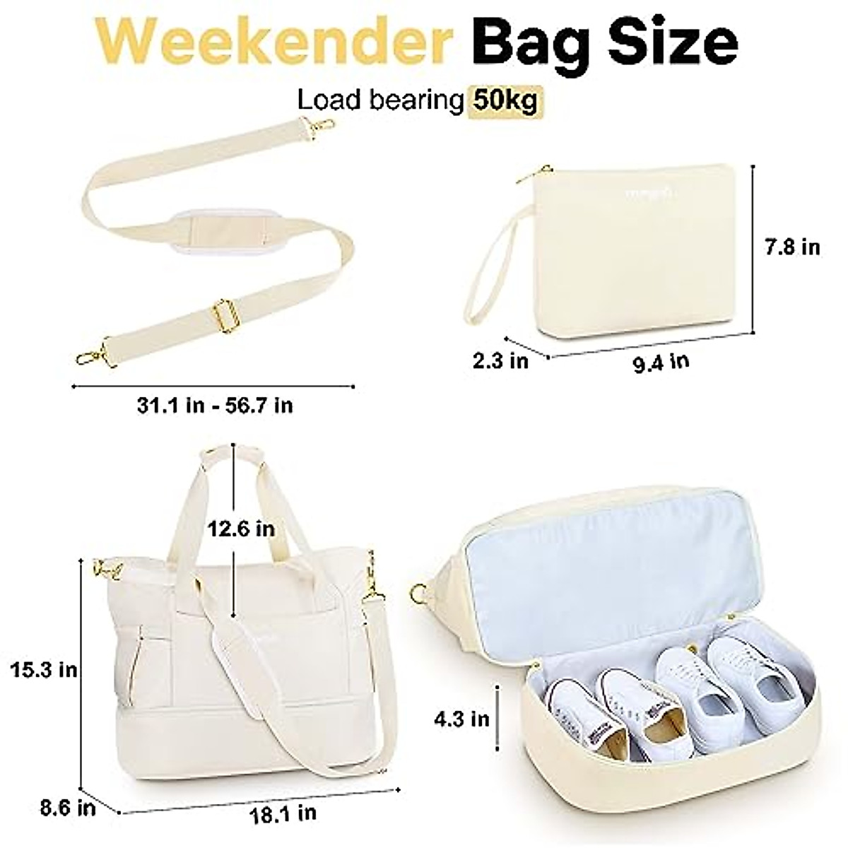 Travel Duffle Bag for Women, Weekender Bag, Gym Bag with Wet Pocket and Shoe Compartment for Overnight, Air Travel Carry on (Beige)