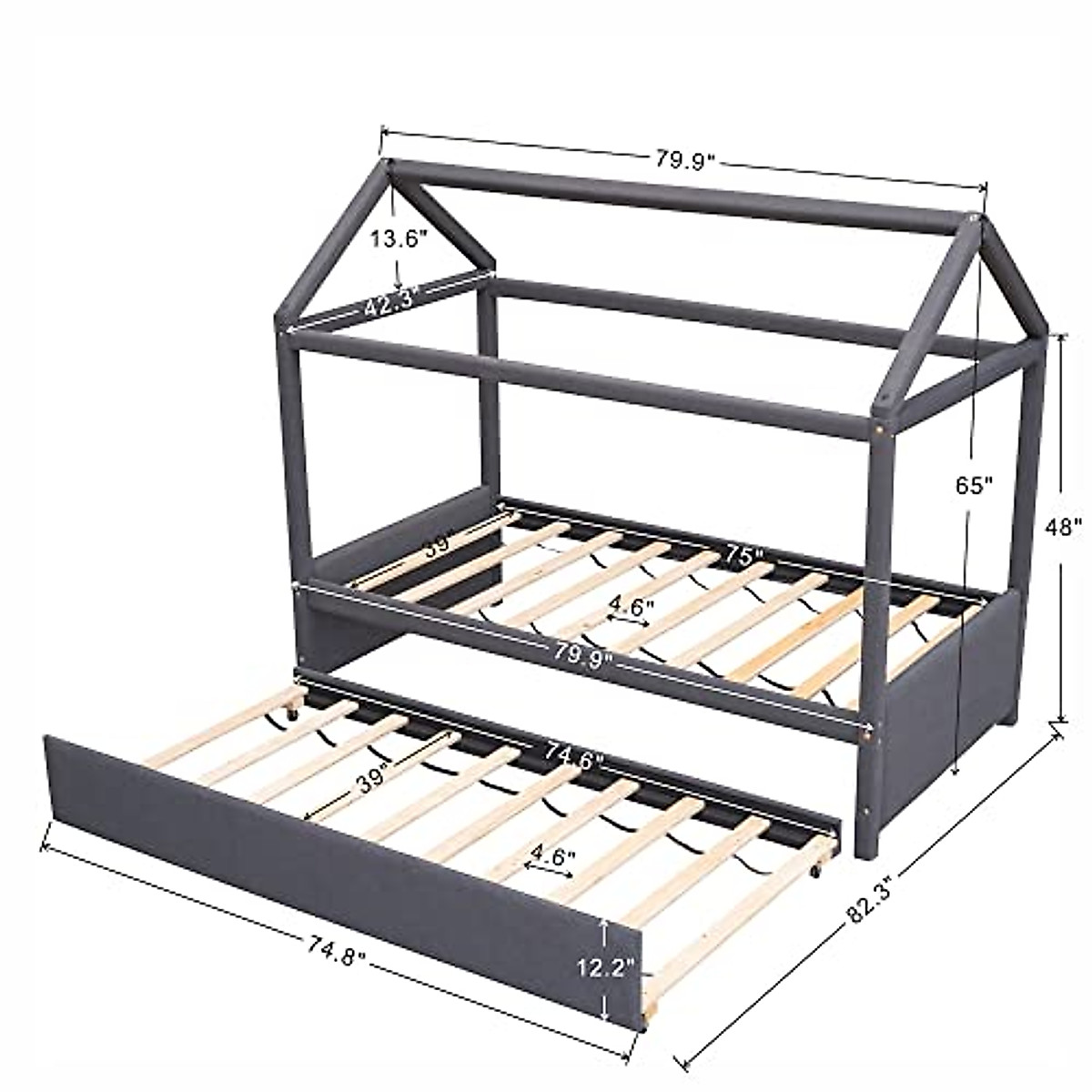 Lostcat Twin Size Upholstered House Platform Bed with Trundle,Twin Bunk Bed with Roof Design for Kids, Teens, Girls, Boys,No Box Spring Required,Grey