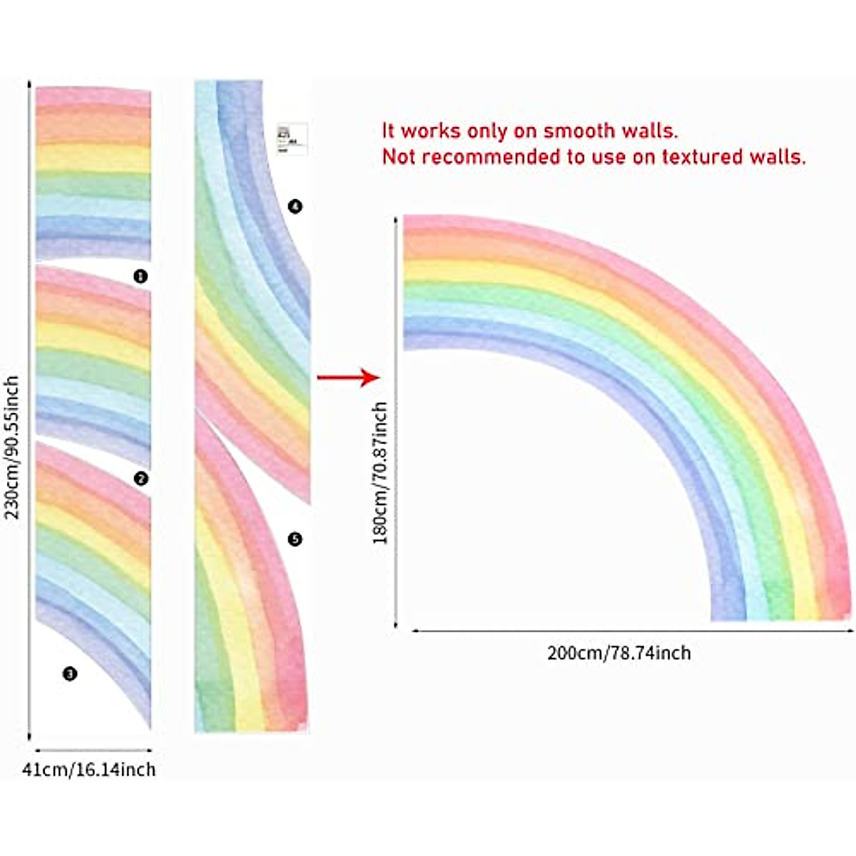 funlife Vinyl Large Rainbow Wall Mural Stickers Peel and Stick, Precut Giant Vibrant Half Watercolor Rainbow Wall Decals for Girls Bedroom Kids Nursery Room Playroom, 78.74" x 70.87"