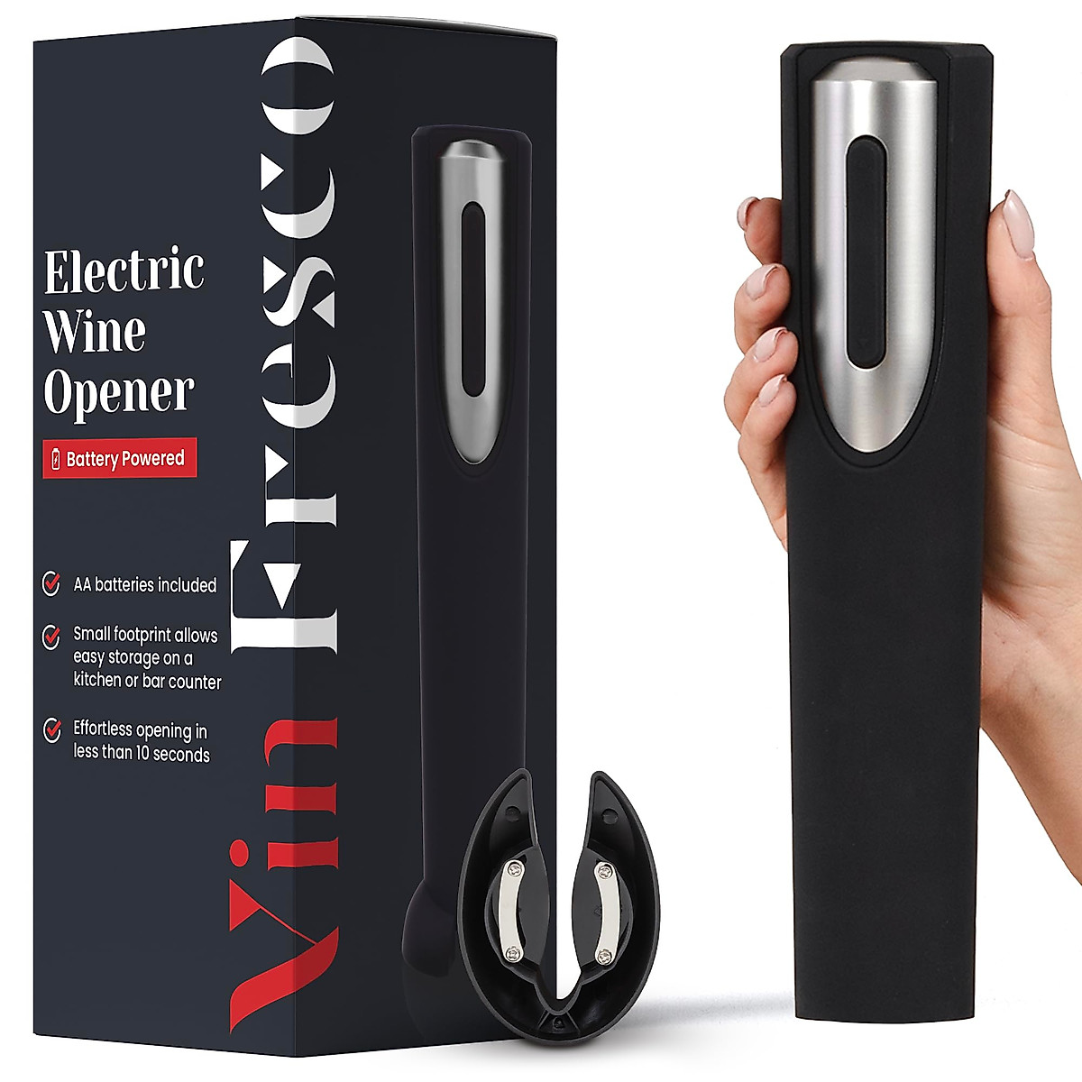 Electric Wine Opener Battery Operated with Stand and Built-in Foil Cutter - Automatic Wine Opener - Electric Corkscrew for Easy Cork Removal - Best Gift for Wine Lover (Black & Silver)