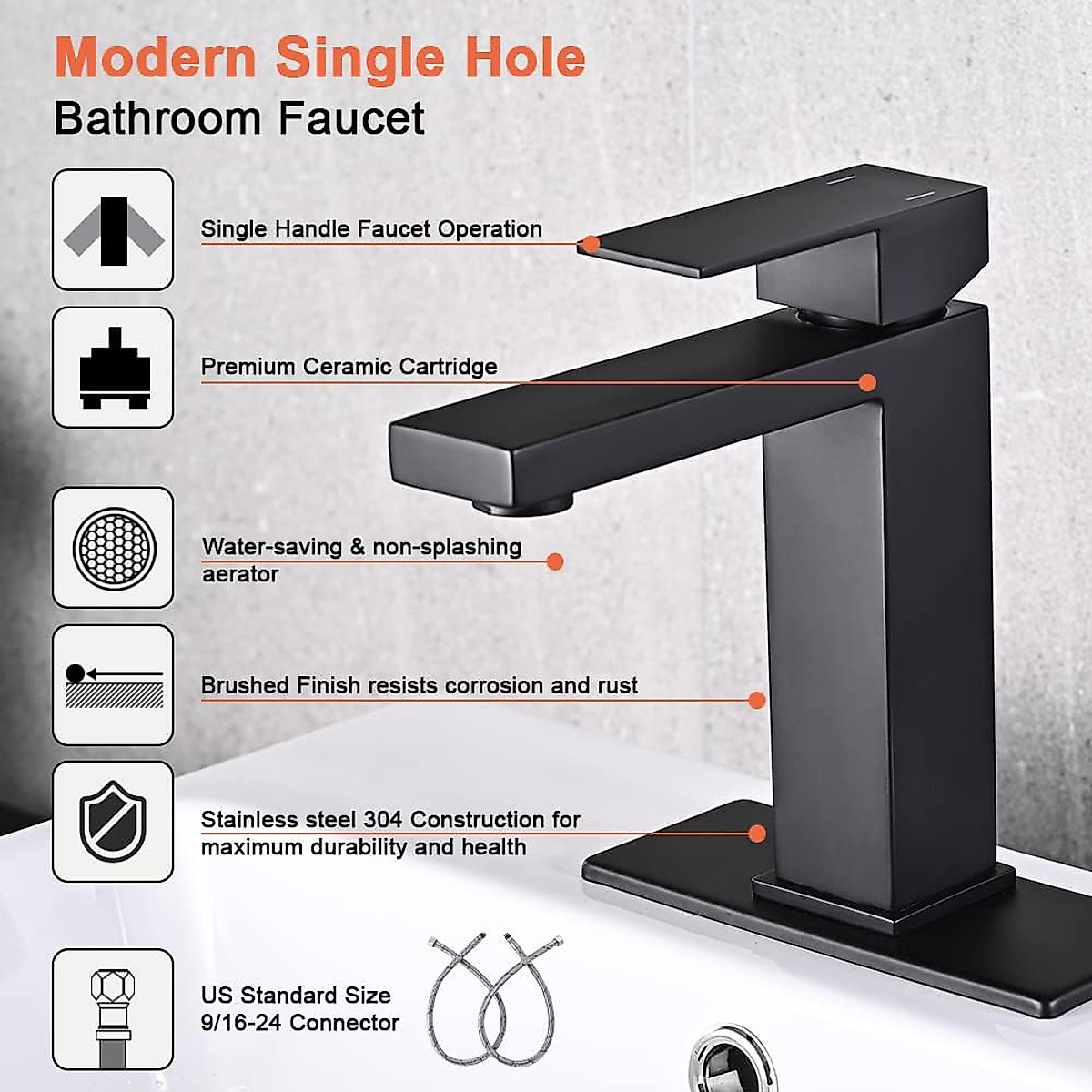 AVSIILE Matte Black Bathroom Faucet, Single Hole Vanity Bath Faucet, Single Handle Modern Stainless Steel Bathroom Faucets for Sink 1 Hole with Pop Up Drain Stopper & Water Supply Hoses