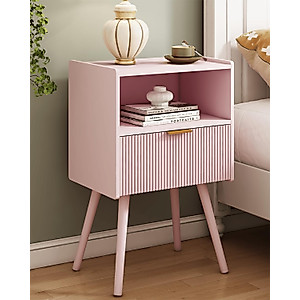 JOONEE Nightstand,Modern Bedside Table with Storage Drawer and Open Wood Shelf, for Living Room, Bedroom and Small Spaces, Accent Night Stand with Solid Wood Legs, Easy Assembly,Classic Pink