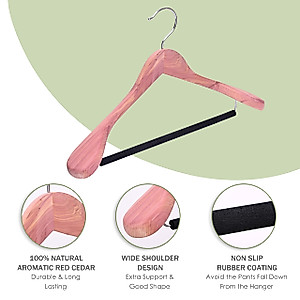 8 Pack Unfinished American Red Cedar Wooden Coat Suit Hangers with Extra Wide Shoulder, Wooden Jacket Clothes Hanger with Non Slip Black Padded Pant Bar- 360°Flexible Hook, Natural- HL03C2