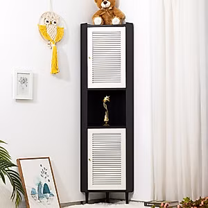 HollyHOME 68.5" Tall Corner Metal Storage Cabinet, Narrow Linen Tower Cabinet with Shelf and Shutter Door, Freestanding Floor Slim Organizer Cupboard for Living Room, Kitchen Pantry, Black&White