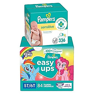 Pampers Easy Ups and Baby Wipes - Pull On Disposable Potty Training Underwear for Girls and Boys, Size 7 (5T-6T), 84 Count, ONE MONTH SUPPLY with Sensitive Wipes, 6X Pop-Top Packs, 336 Count