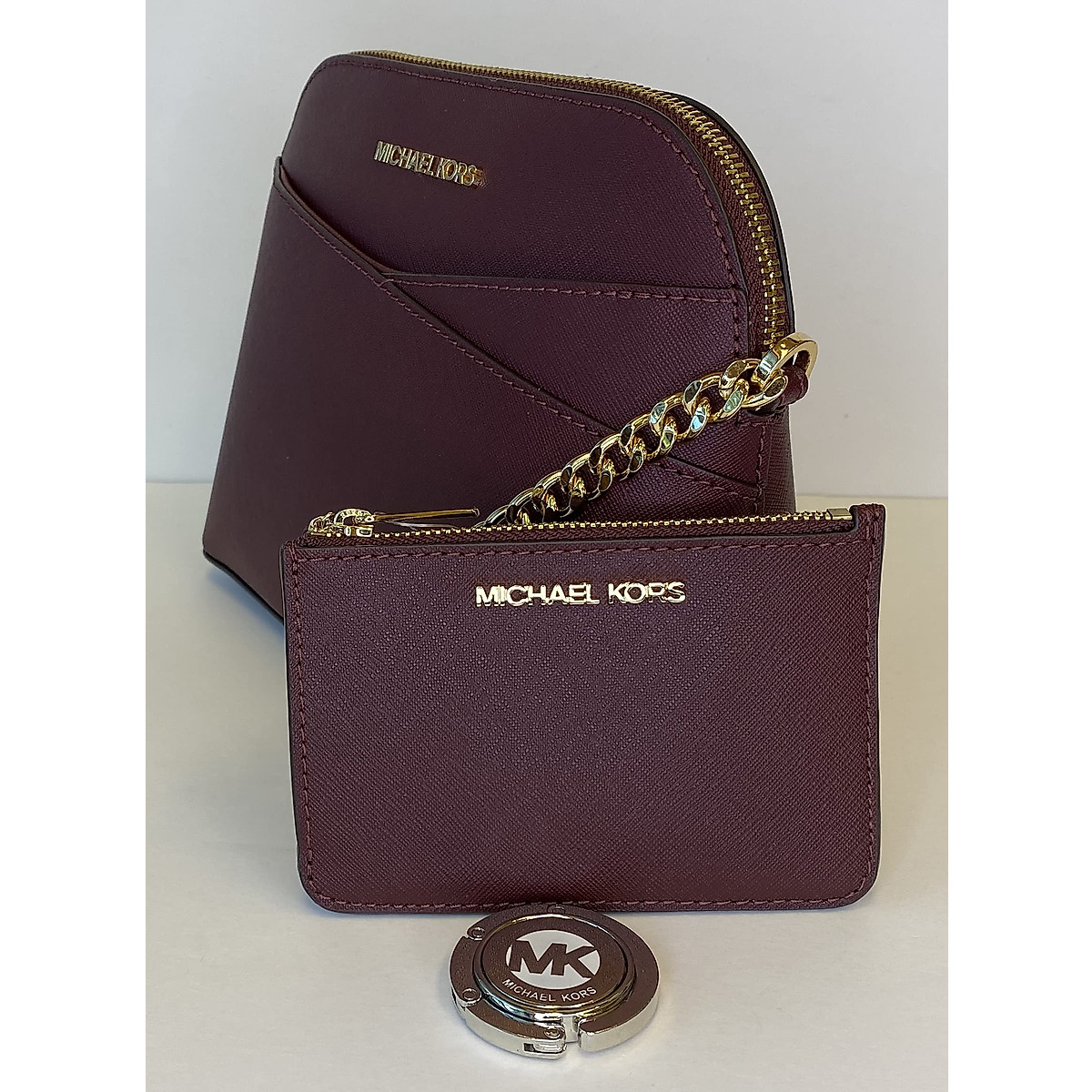 Michael Kors MICHAEL Michael Kors Jet Set Travel MD Dome XCross Crossbody bundled with SM TZ Coinpouch Purse Hook (Merlot)