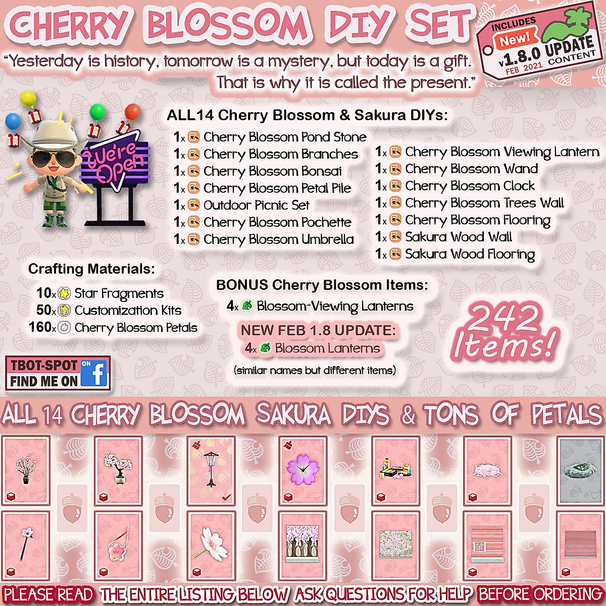 VVR ACNH: Cherry Blossom Sakura Series Full Set | 14 DIY Recipes | Blossoms | Petals | Blossom-Viewing Lanterns | Crafting Materials