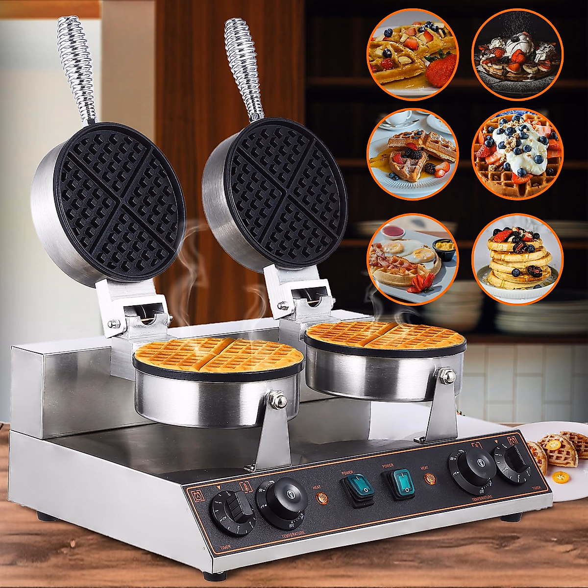 GarveeTech Commercial Electric Waffle Cone Maker - Stainless Steel, Nonstick Mold, Efficient Heating, for Restaurants, Bakeries, Snack Bars (110V 2400W),Double-ended buckle cover 2 round