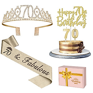 70th Birthday Decorations for Women Gold, Including 70th Birthday Sash and Tiara, 70th Birthday Cake Topper and Birthday 70 Candles, 70th Birthday Gifts for Women (Gold)