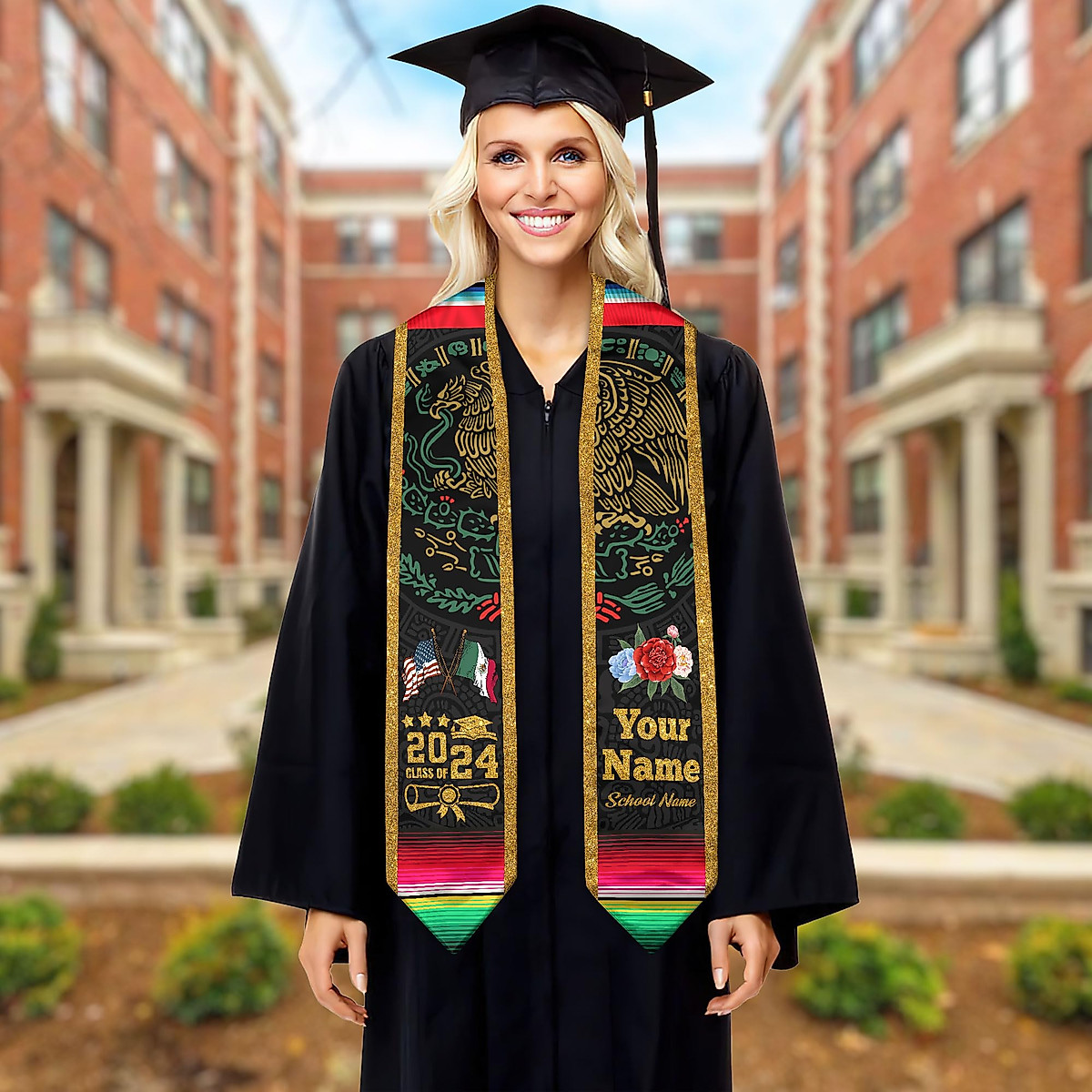 Mexico Graduation Stole Customize, Custom Mexican American Flag Graduation Sash 2024, Mexican Graduation Sash 12