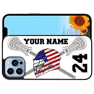Personalized Lacrosse Helmet America Flag Design Name Number Rubber Cover Phone Case for Samsung Galaxy A15/A25/A14/A54/A53/A03S/A02S/A10E/A12/A13/A32/A33/A42/A51/A52/A71 Custom Lacrosse Phone Case