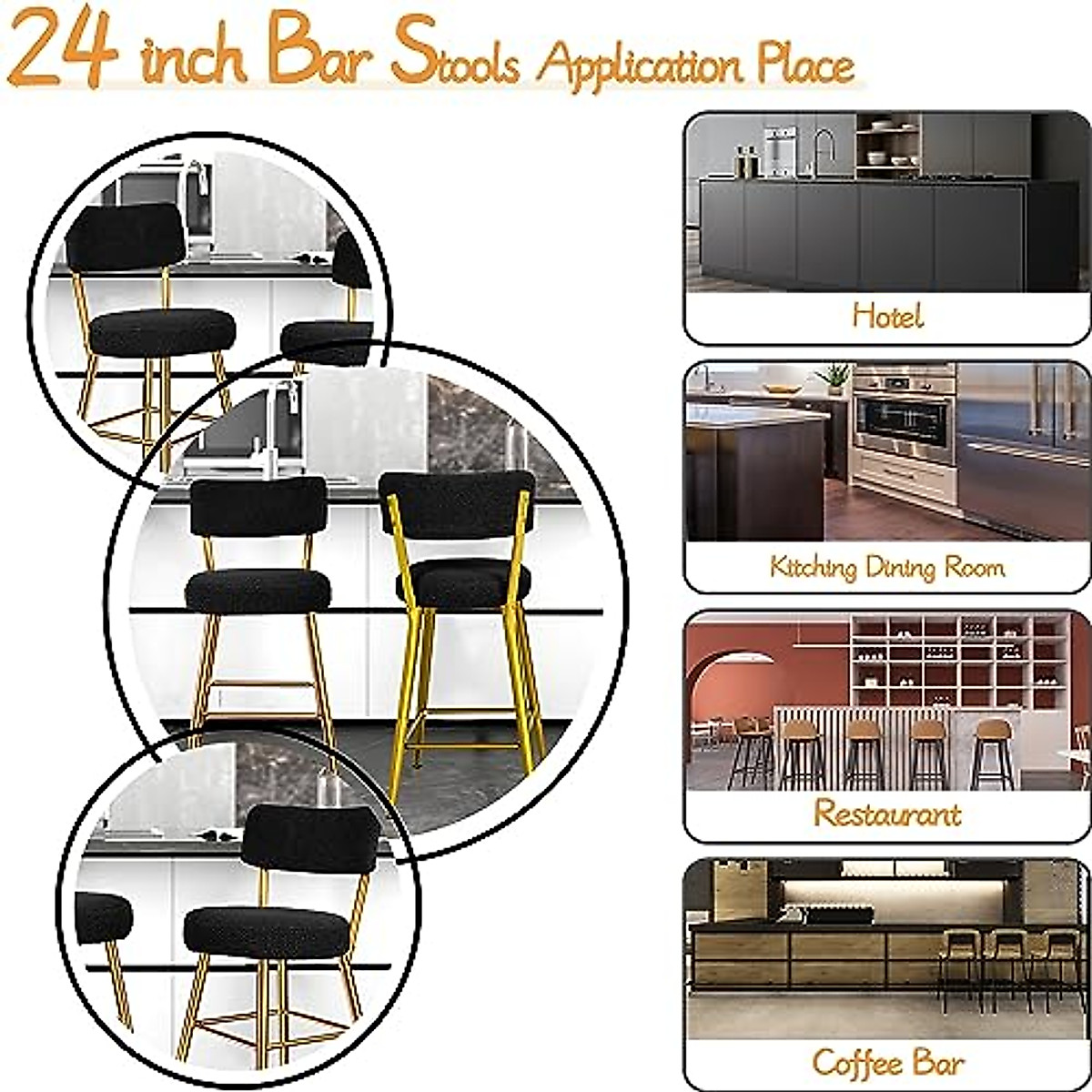 Sucrever 24” Boucle Bar Stools Set of 6, Counter Height Bar Stools with Back, Sherpa Barstools with Golden Metal Legs/Footrest, Black Boucle Bar Chairs Bar Stools for Kitchen Island, Dining Room