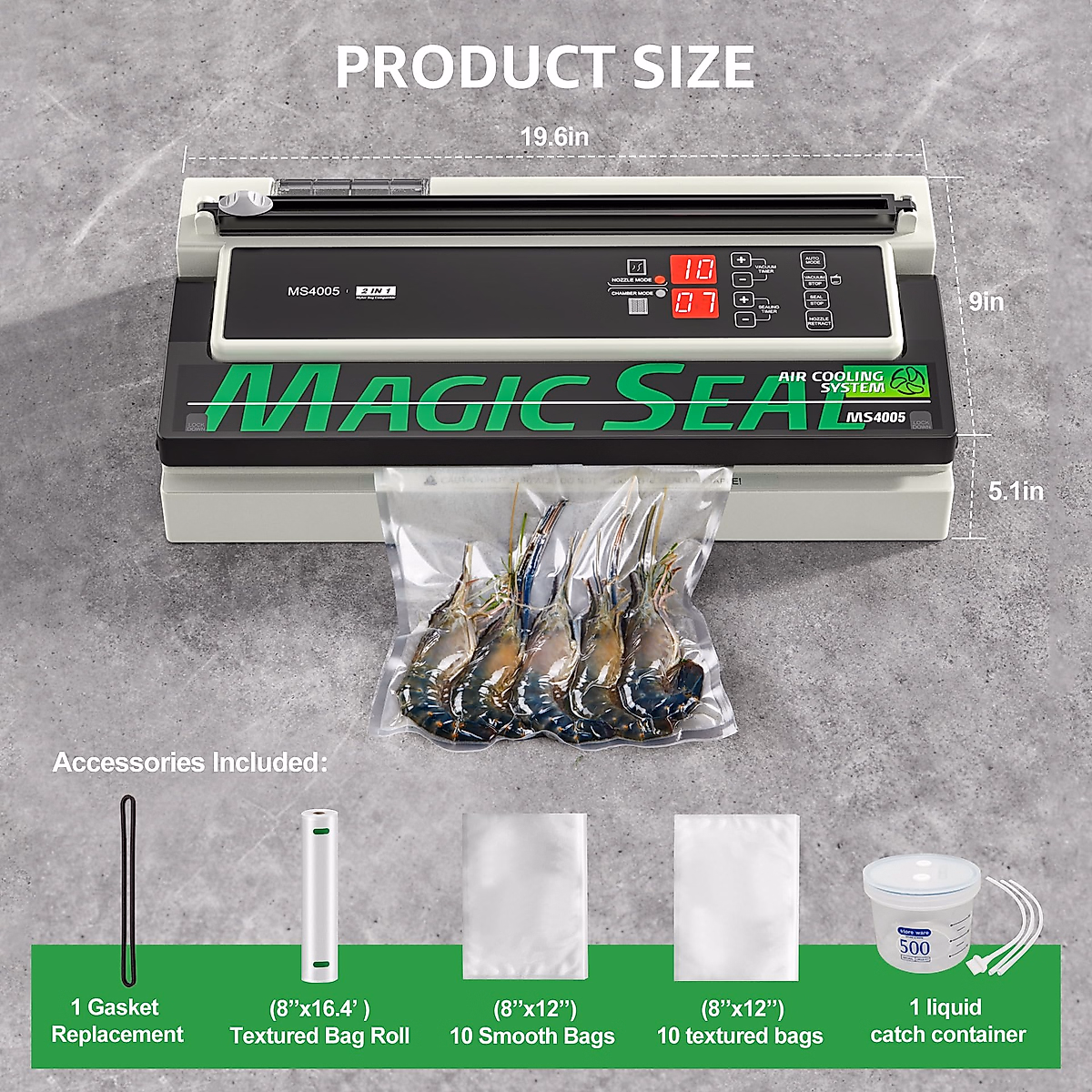 MAGIC SEAL 16'' Commercial Vacuum Sealer Machine, Meat Sealer Vacuum Packing Machine with Double Pump and Auto Cooling System, Sealing and Vacuum Time Control, Compatible with Mylar Bags
