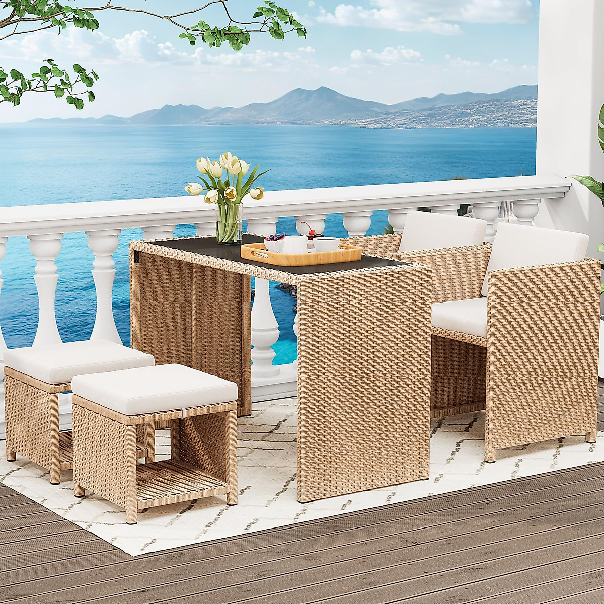 YITAHOME 5-Piece Patio Furniture Conversation Set, Outdoor Conversation Furniture with Tempered Glass Tabletop, Outdoor Bistro Conversation Set for Patios, Backyards, Gardens, Porches (Light Yellow)