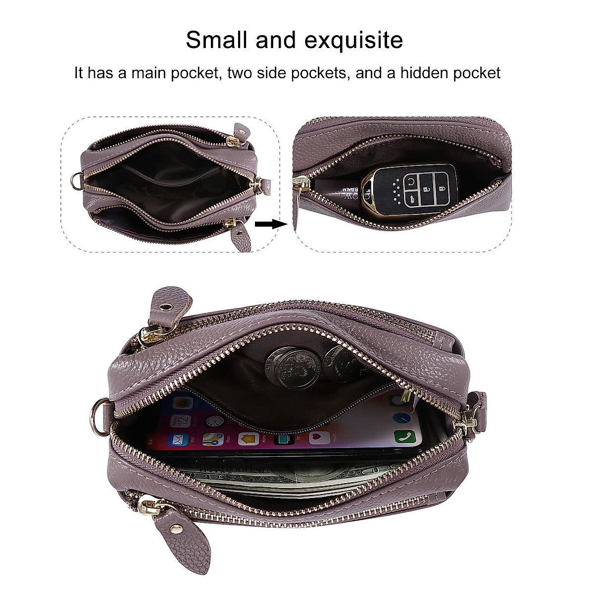 Phenas Small Leather Crossbody Bag CellPhone Purse Mini Shoulder Handbag with Wristlet Clutch Purse for Women Girls