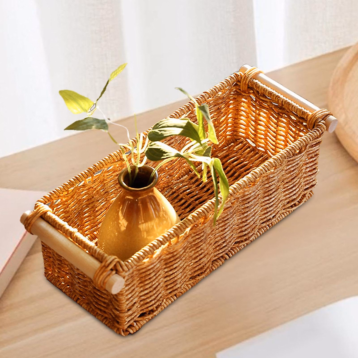 IEUDNS Imitation Rattan Storage Basket Woven Baskets Long Narrow Organizer Decorative for Organizing for Bar Coffee Table Bedroom, S