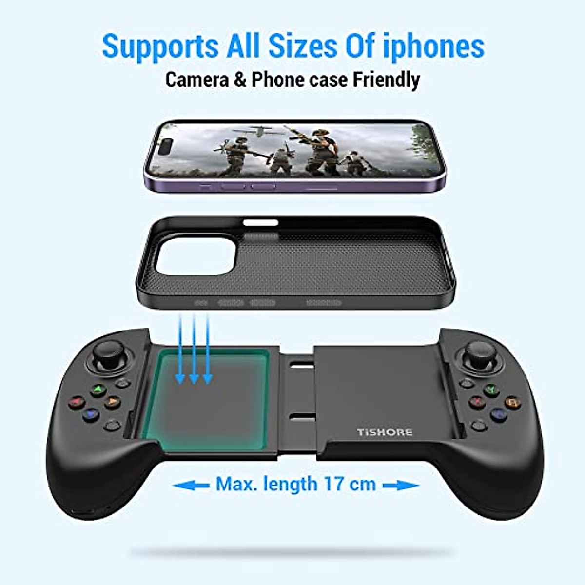 TISHORE Mobile Gaming Controller for iPhone-With a Hard Travel Case Bluetooth Wireless Gamepad 25 Hours Ultra-Long Standby- Xbox Cloud, Steam Link, PS Remote Play,GeForce Now, MFi Apple Arcade Games