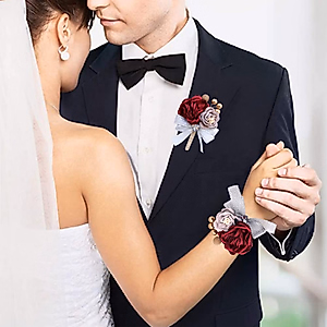 WANLIAN Wrist Corsage,Corsage and Boutonniere Set Bridesmaid Wedding Flower Corsages And Hand Flower Set of 2 for Wedding Prom Party (Red)